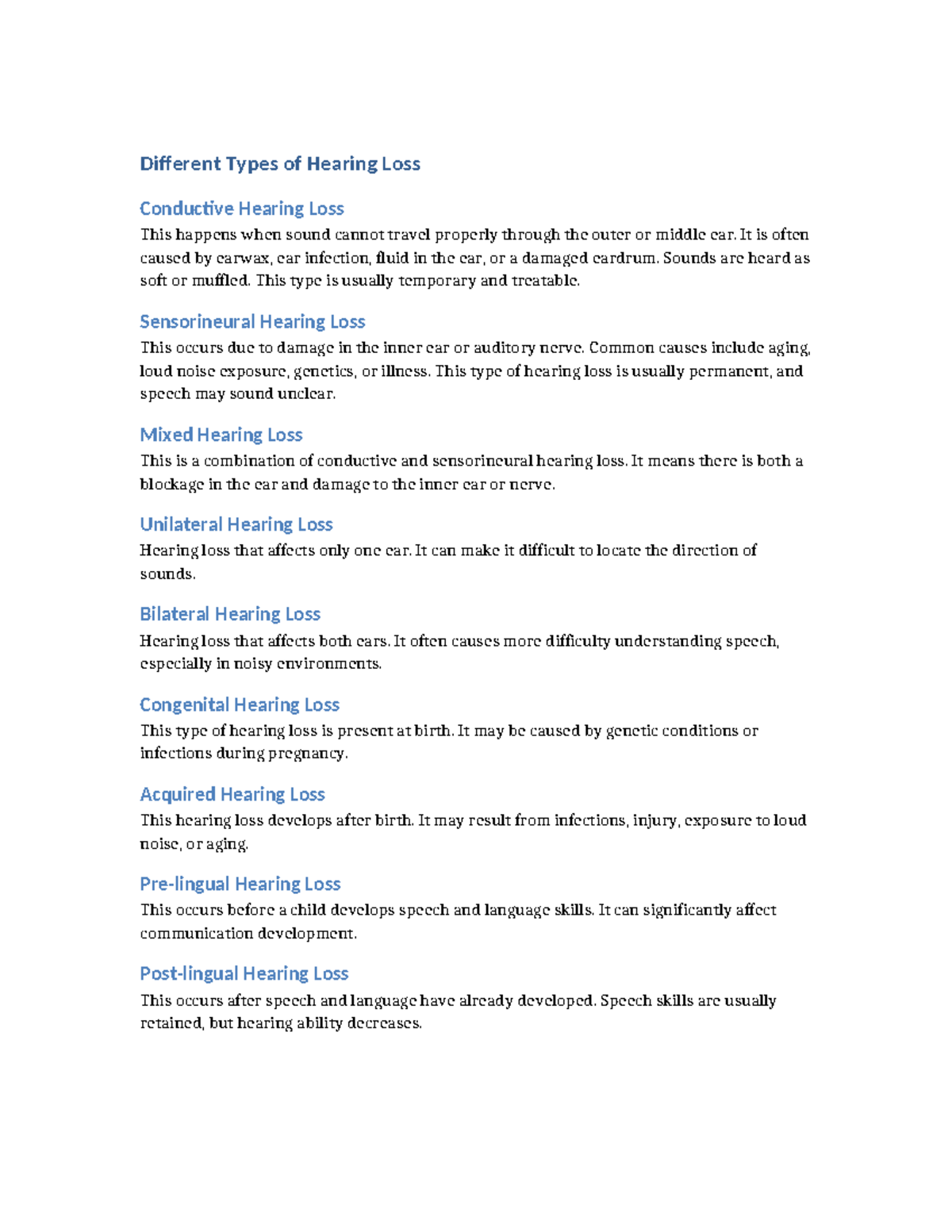 Types of Hearing Loss: Conductive, Sensorineural, and More - Studocu