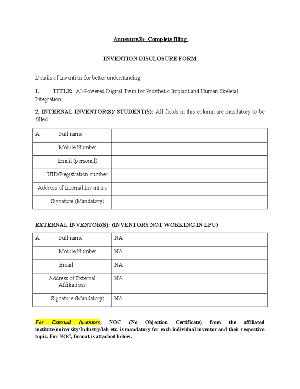 PAtent 4 - Annexure3b- Complete filing INVENTION DISCLOSURE FORM ...