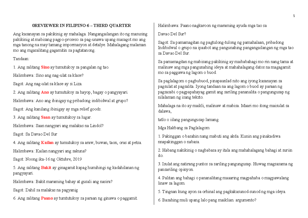 REVIEWER IN FILIPINO 6 – THIRD QUARTER: Kasanayan sa Pakikinig at ...