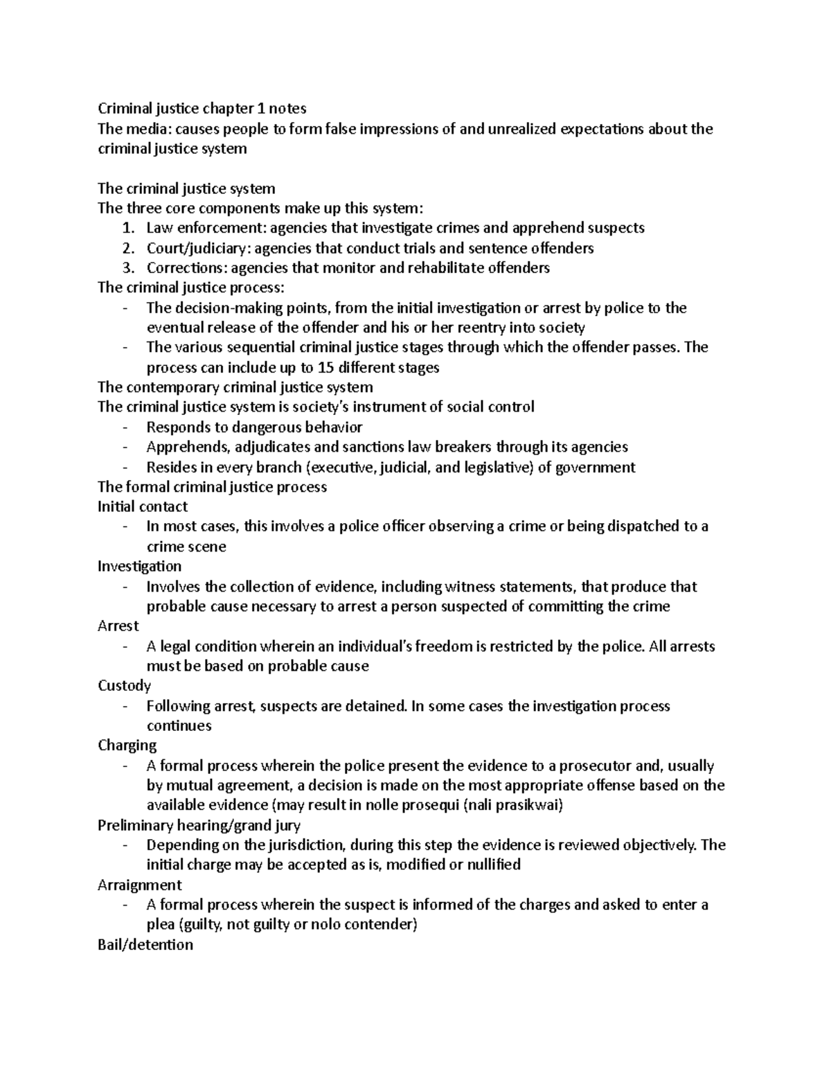CJ 101: Chapter 1 Notes on the Criminal Justice System Overview - Studocu