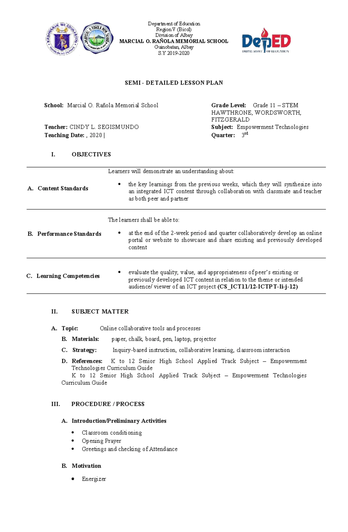 Detailed Lesson Plan: Empowerment Technology (Grade 11) - LP Lesson 3 ...