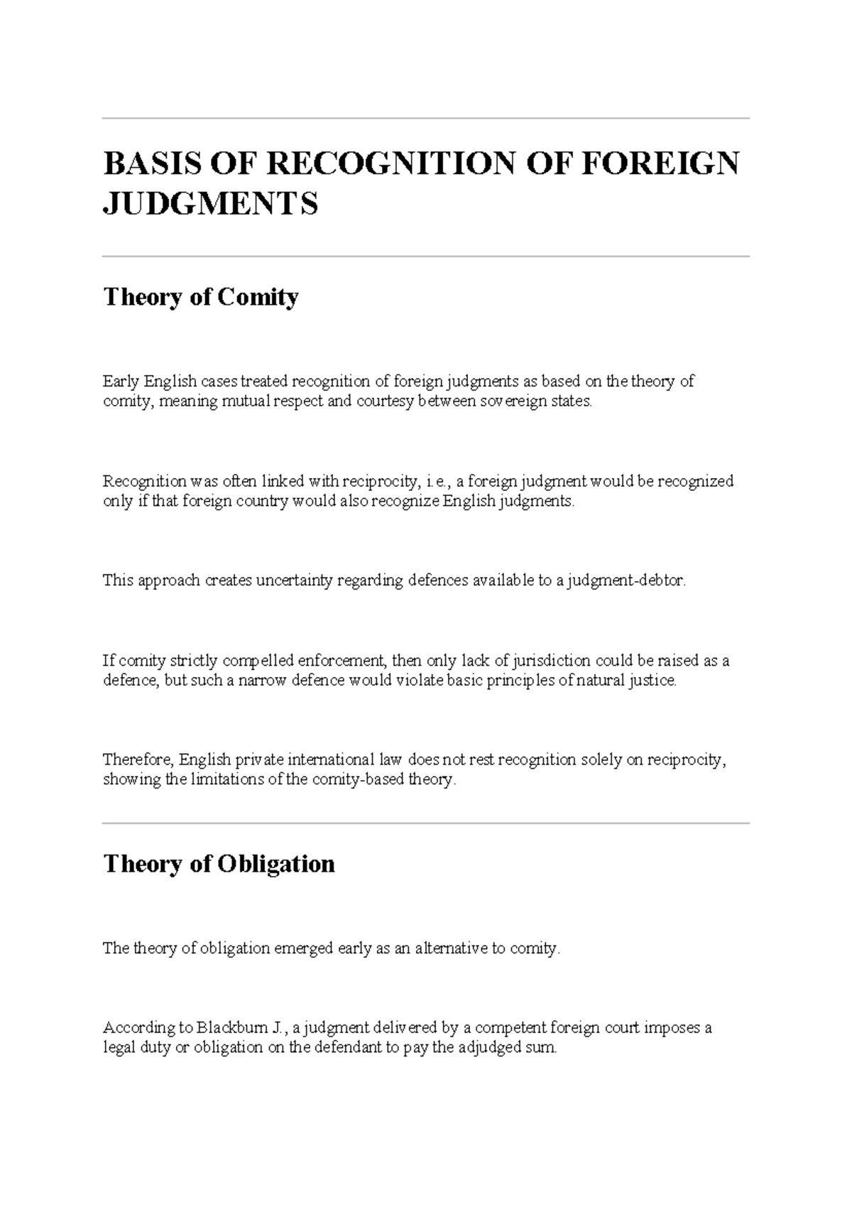 Unit 4 PIL - Recognition of Foreign Judgments: Comity, Obligation, and ...