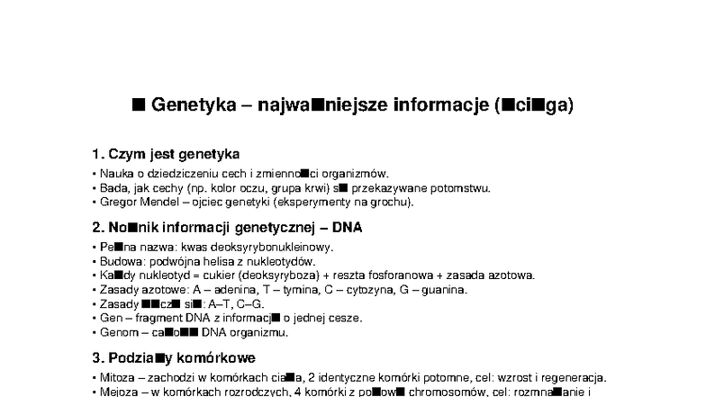 Genetyka: Podstawy Dziedziczenia i Struktura DNA - Studocu