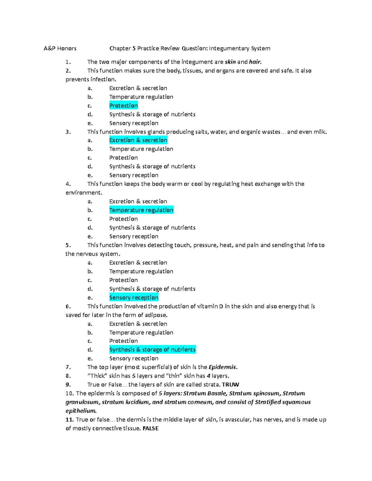 A&P Honors Chapter 5 Integumentary System Practice Q&A Review - Studocu