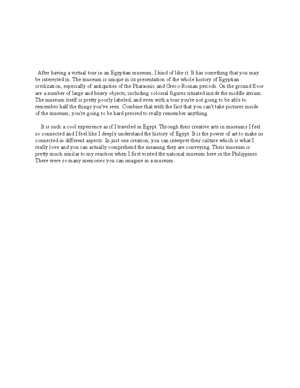 Reflection Paper on Virtual Tour of Egyptian Museum - Studocu