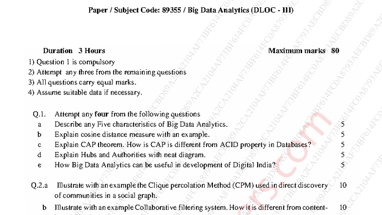 Big Data Analytics Exam Paper - FC 0A 87 9 - Semester 7, Dec 2023 - Studocu