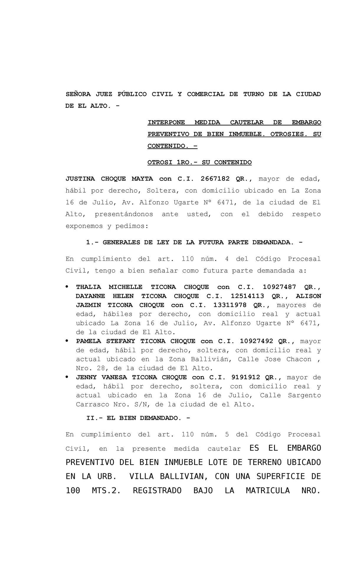 Medida Cautelar de Embargo Preventivo en Proceso Civil de A. 2667182 QR ...