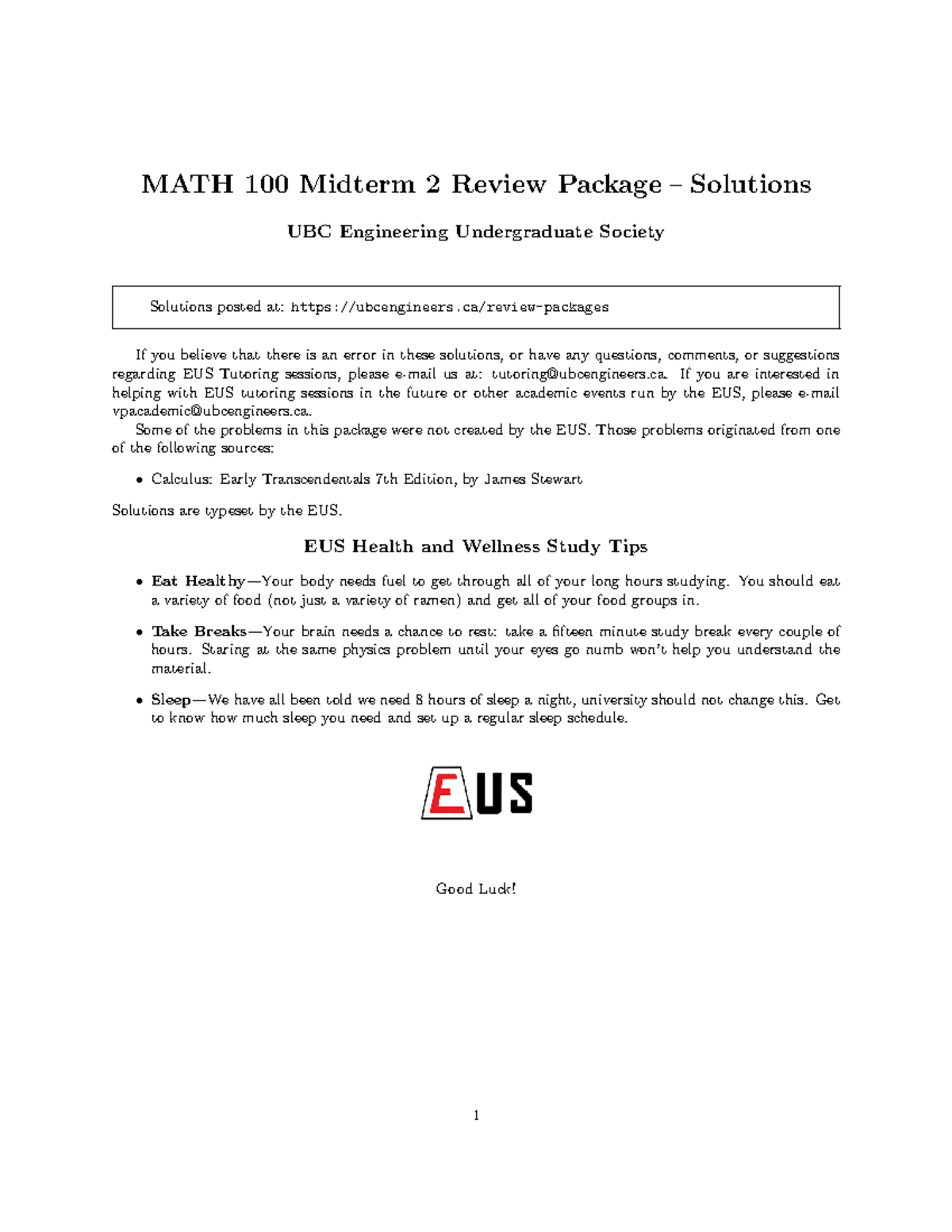 MATH 100 Midterm 2 Solutions & Review Package 2024-25 - Studocu