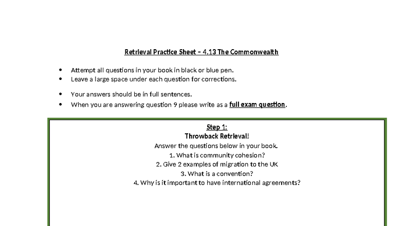 Retrieval Practice Sheet 4.13: The Commonwealth Questions & Answers ...