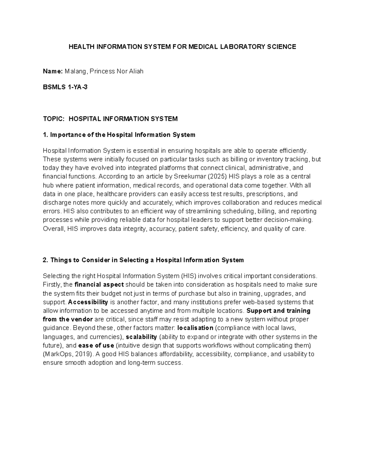 HEALTH INFORMATION SYSTEM IN MEDICAL LABORATORY SCIENCE (BSMLS) - Studocu