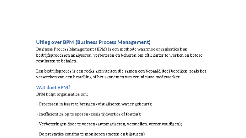 Uitleg over BPM: Verbetering van Bedrijfsprocessen en Efficiëntie - Studocu