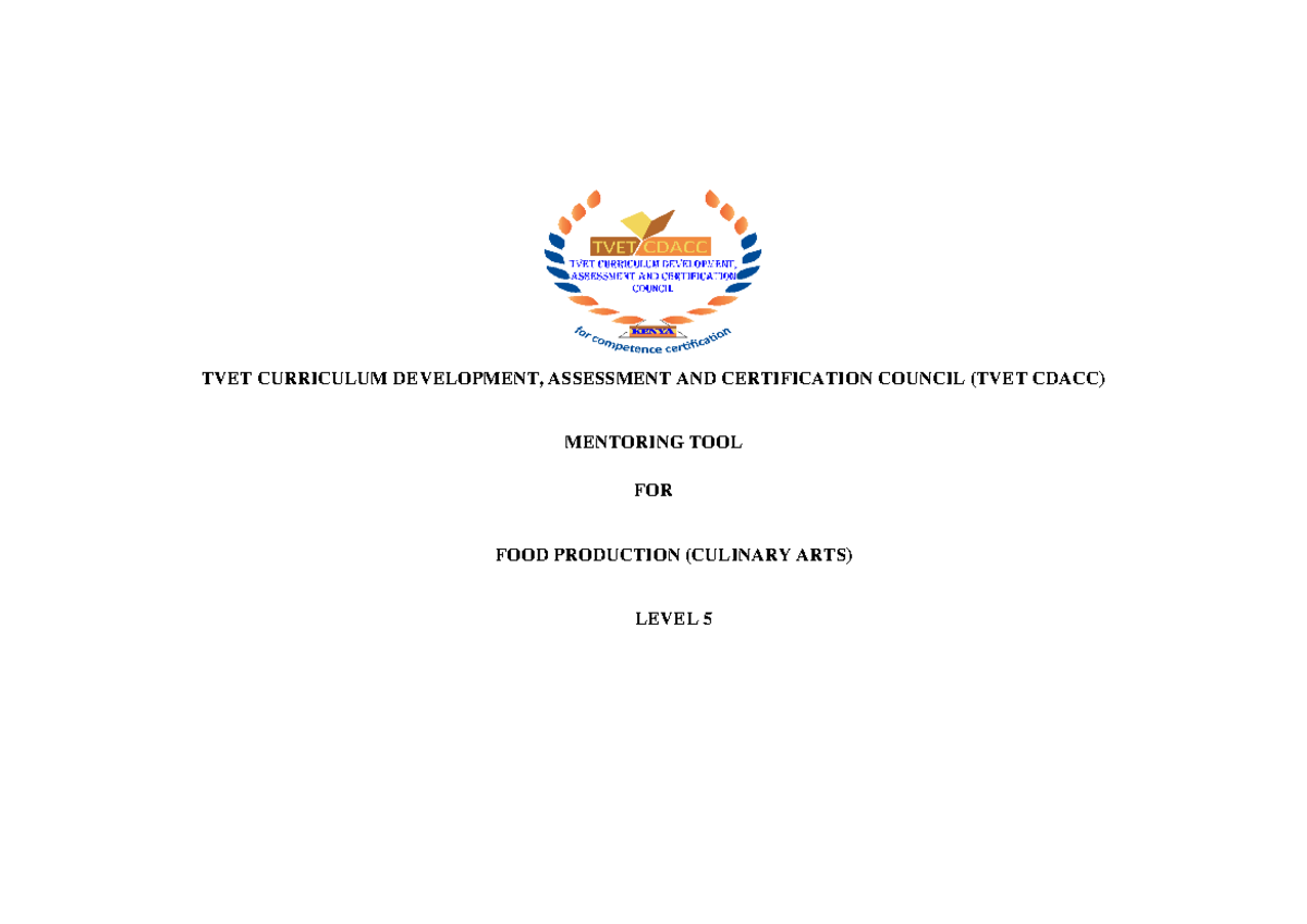 Mentoring Tool for Food Production (Culinary Arts) Level 5 - Studocu