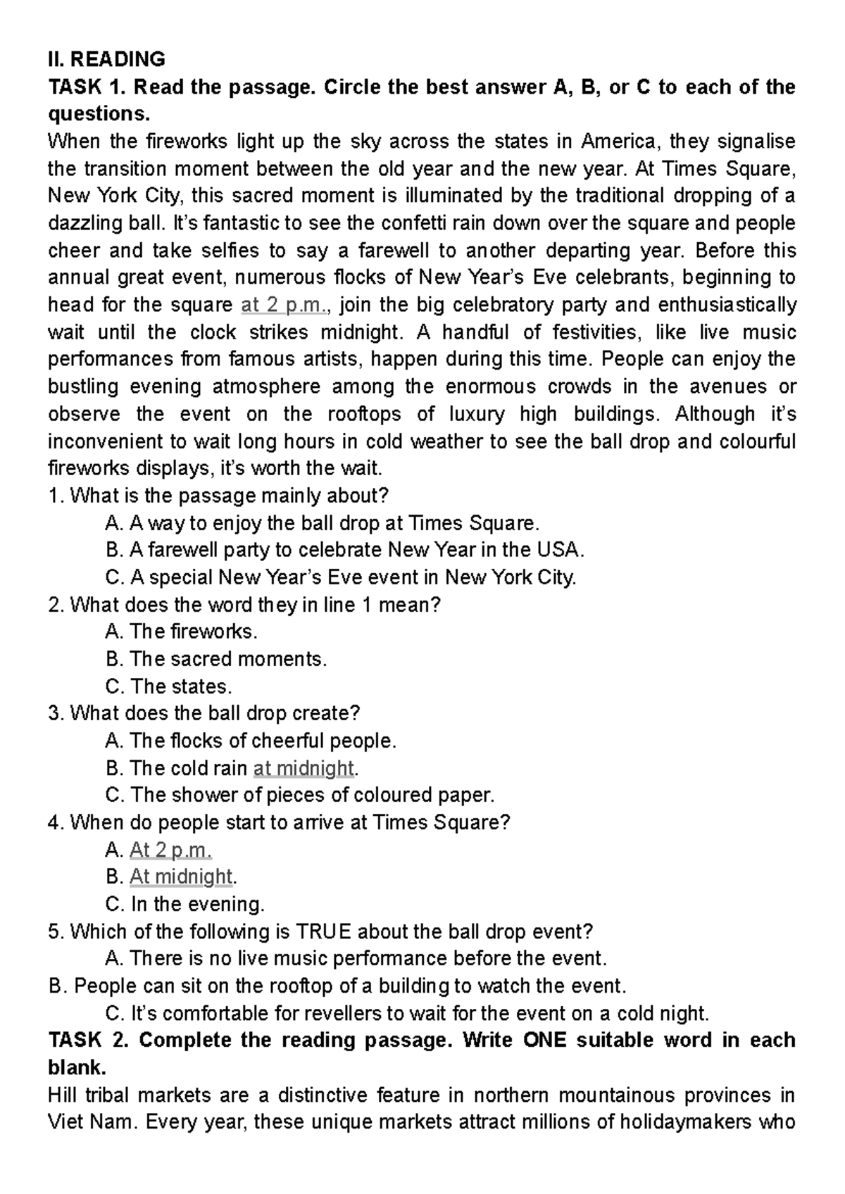 II. Reading Task: New Year Celebrations & Cultural Insights - Studocu