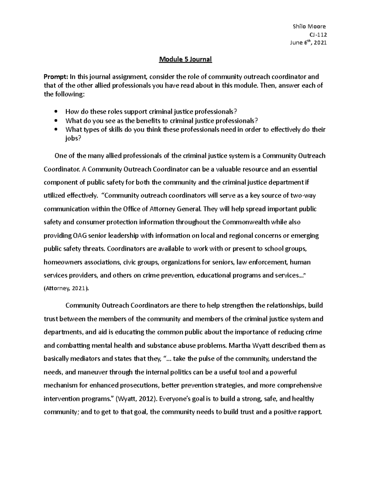 CJ Module 5 Journal Assignment: Role of Community Outreach Coordinator ...