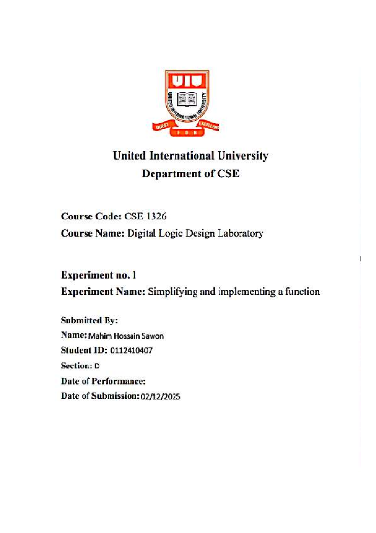 CSE 1326 Lab Experiment 1: Simplifying Boolean Functions - Studocu