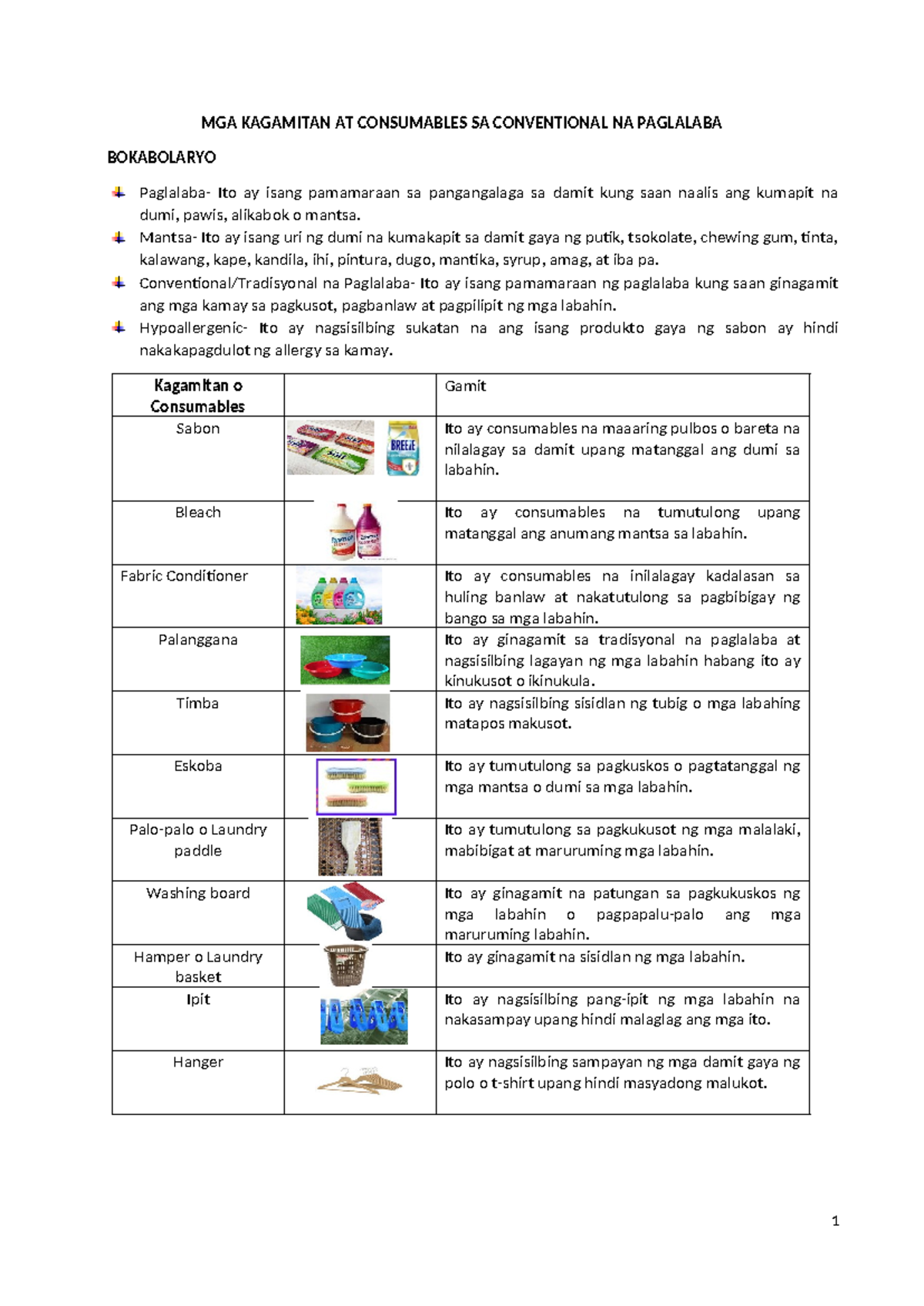 Kagamitan at Consumables sa Tradisyunal na Paglalaba (MGA 101) - Studocu
