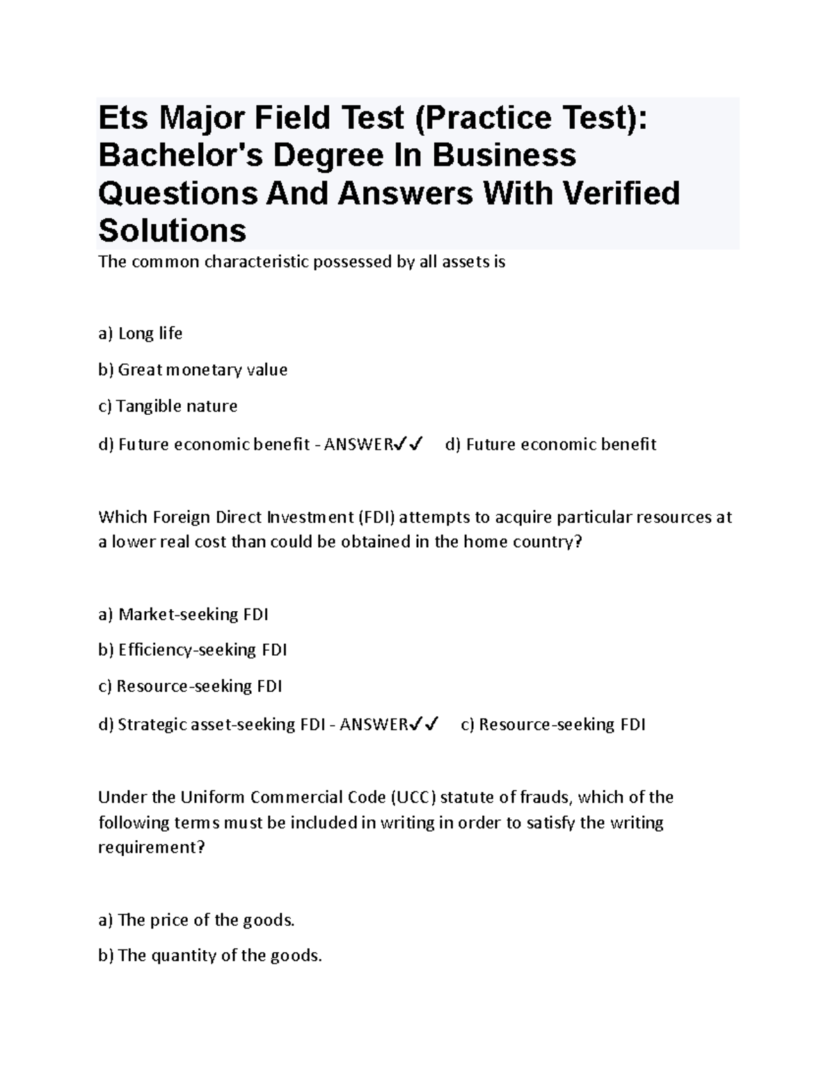 Ets Major Field Test (Practice Test) Bachelors in Business Q&A ...