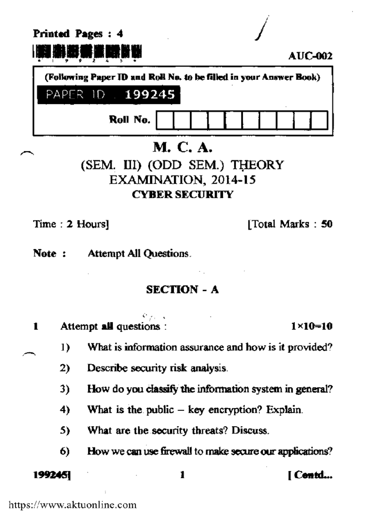 Cyber Security Theory Exam Paper (Paper ID 199245) - 2015 - Studocu