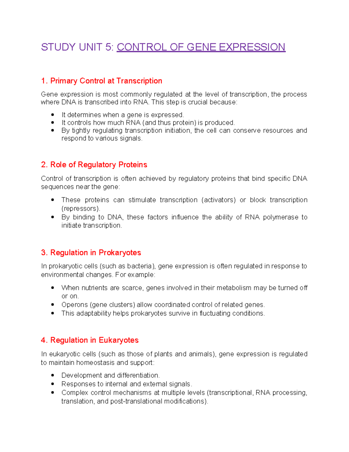 Study Unit 5: Control of Gene Expression and Regulatory Mechanisms - Studocu