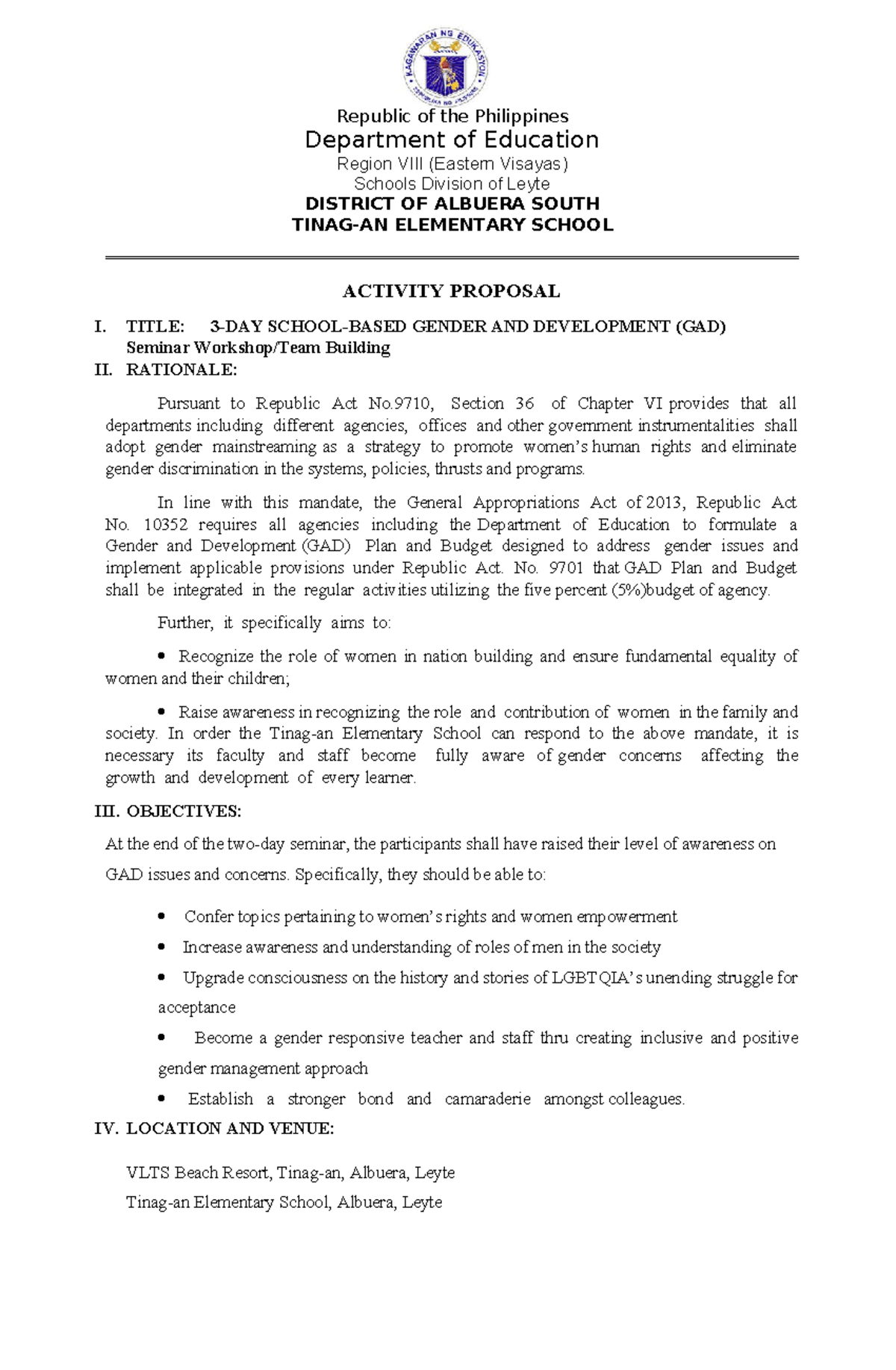 ACtivity-Proposal Team-Building in GAD - Republic of the Philippines ...