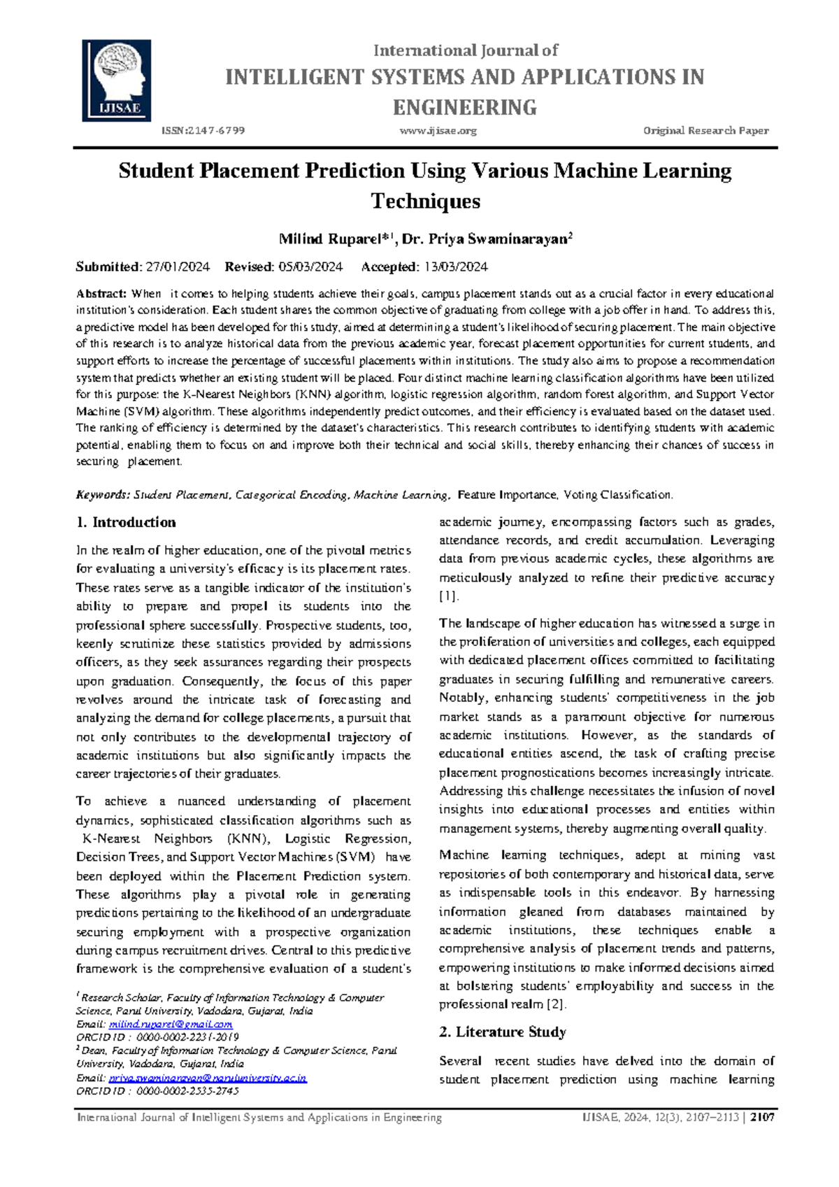Student Placement Prediction Using ML Techniques - IJISAE 2024 - Studocu