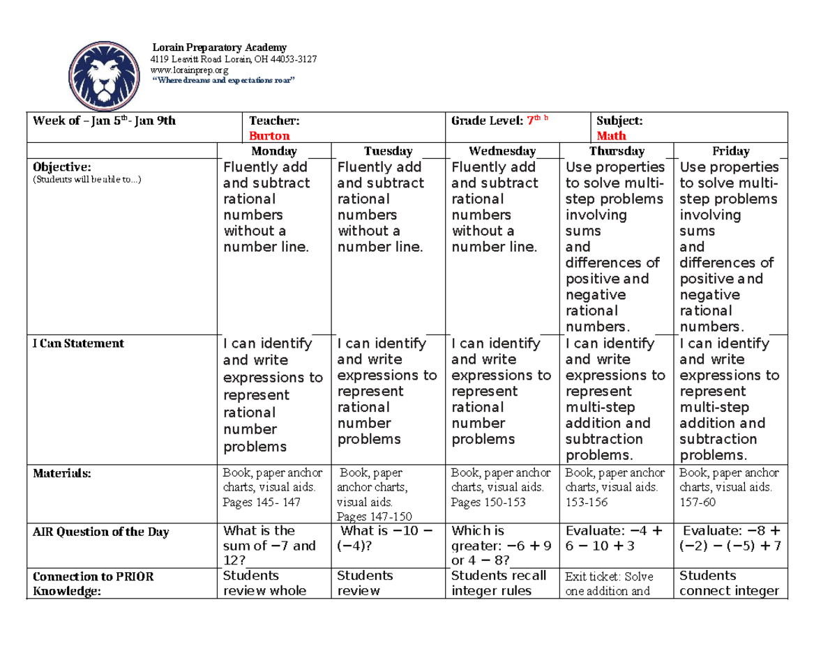 Math 7 Lesson Plans: Adding & Subtracting Rational Numbers - Studocu