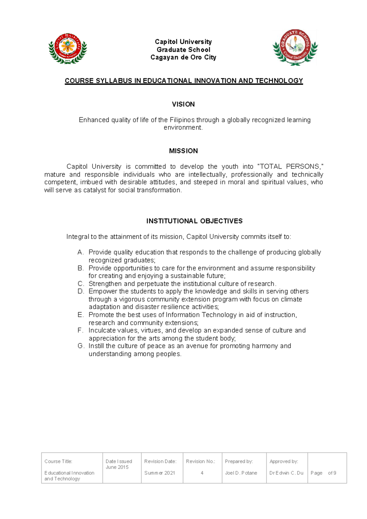 Course Syllabus for EDIN 101 - Educational Innovation and Technology - Studocu