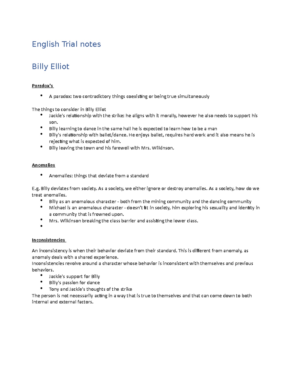 English Trial Notes: Analyzing Billy Elliot - CIOTD Insights - Studocu
