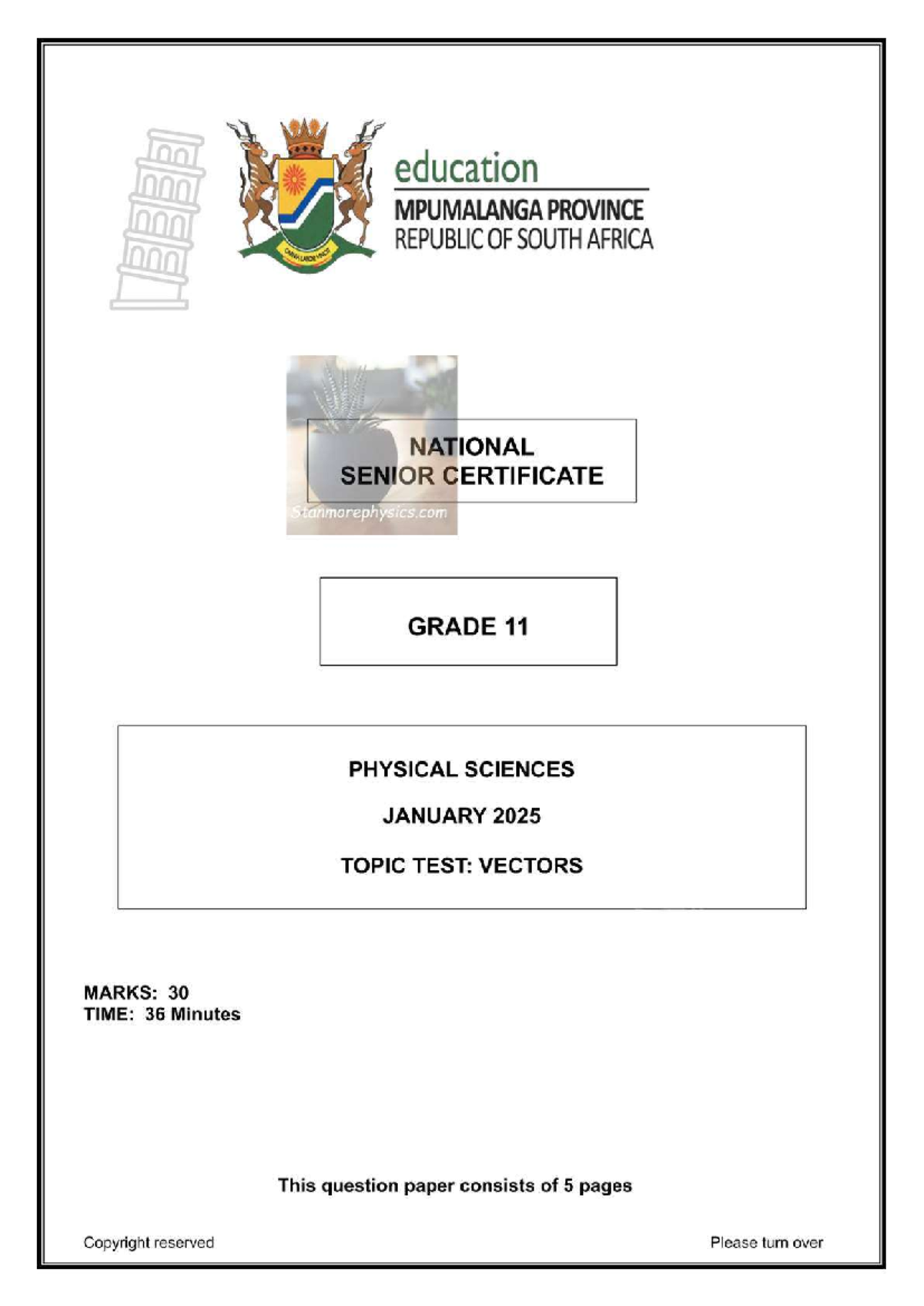 MP Grade 11 Physical Science January 2025 Vector Test QP - Studocu