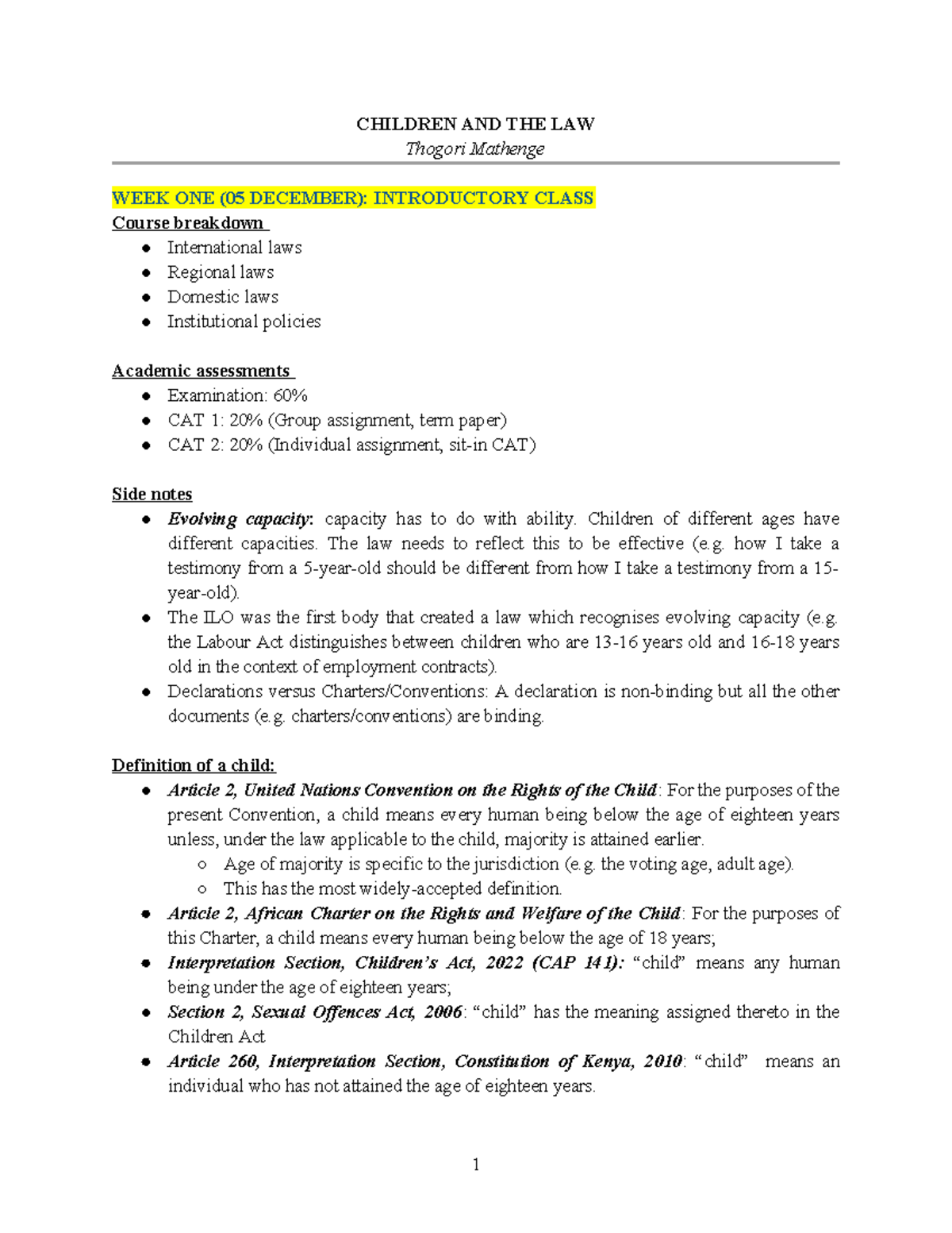 Children and the Law: Introductory Overview and Weekly Breakdown - Studocu