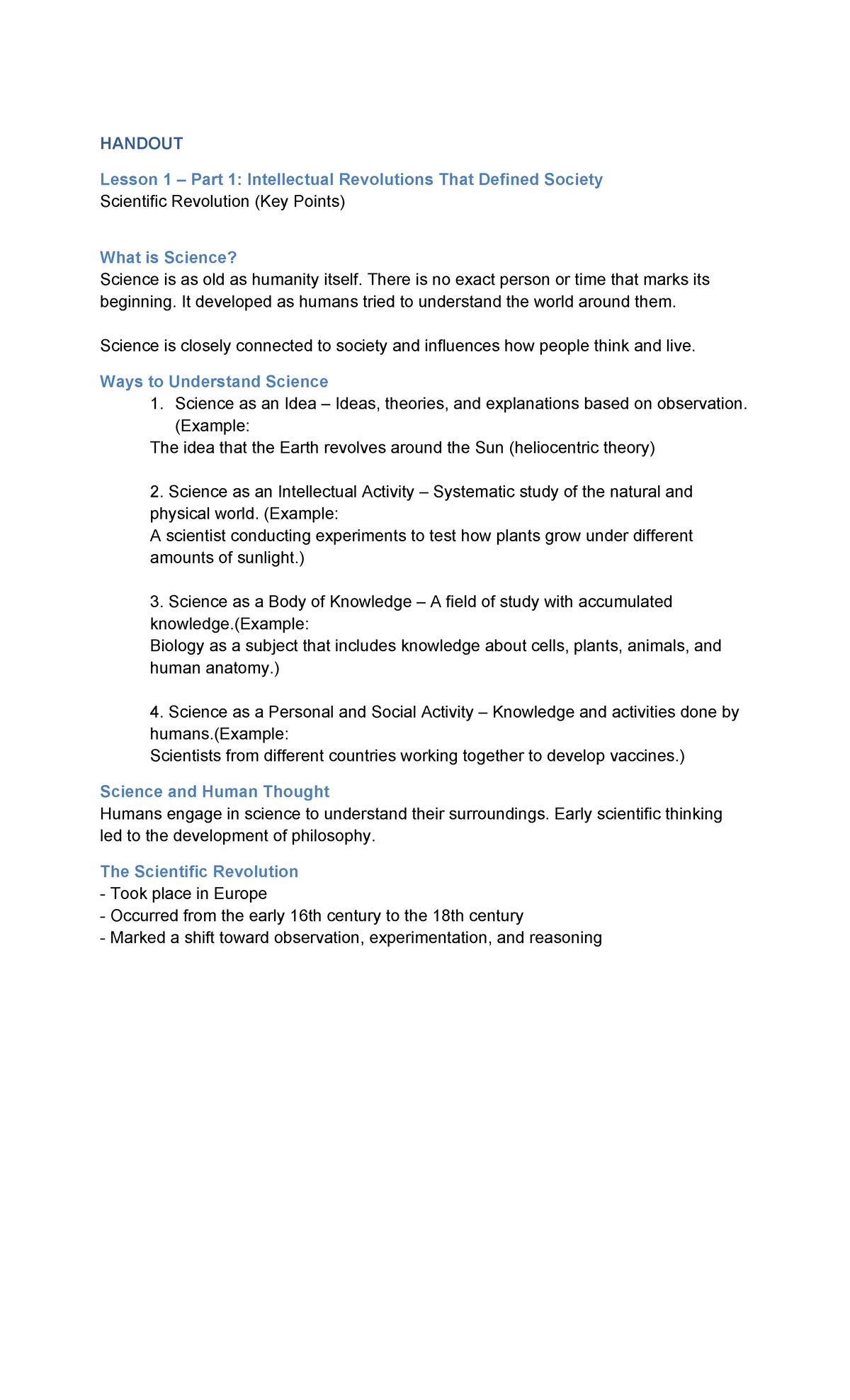 HANDOUT Lesson 1: Key Points on the Scientific Revolution - Studocu