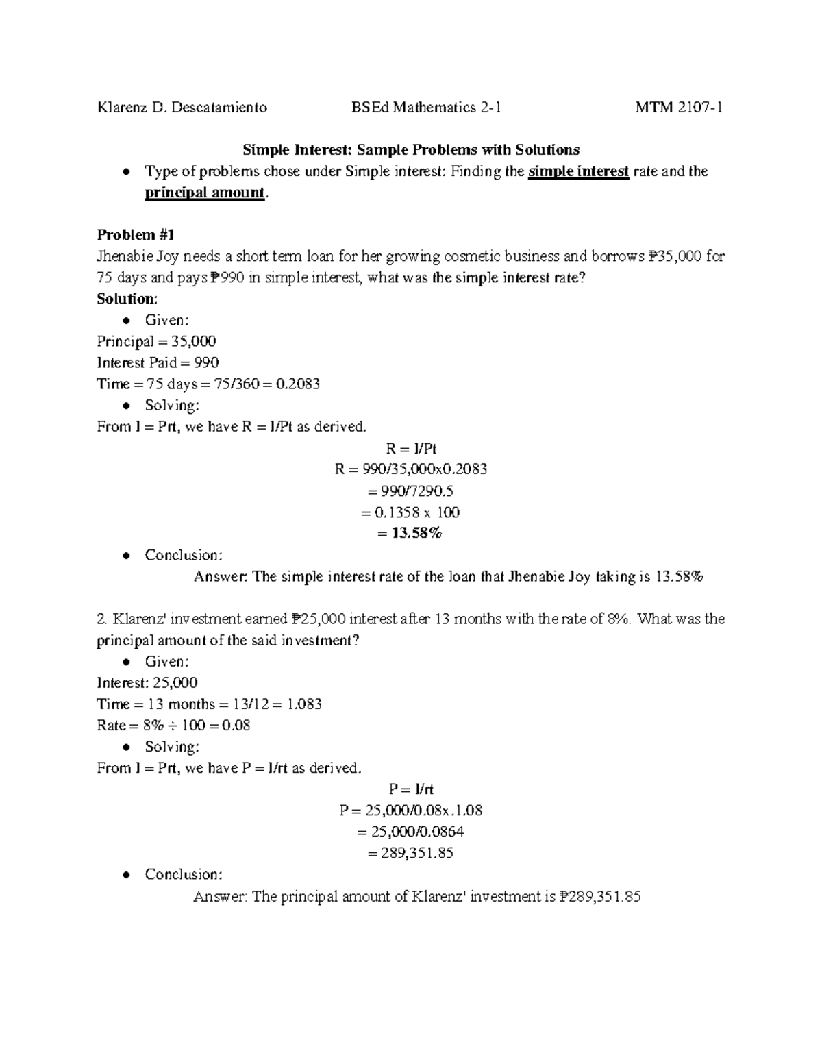 Simple Interest Problems & Solutions for MTM 2107-1 Students - Studocu