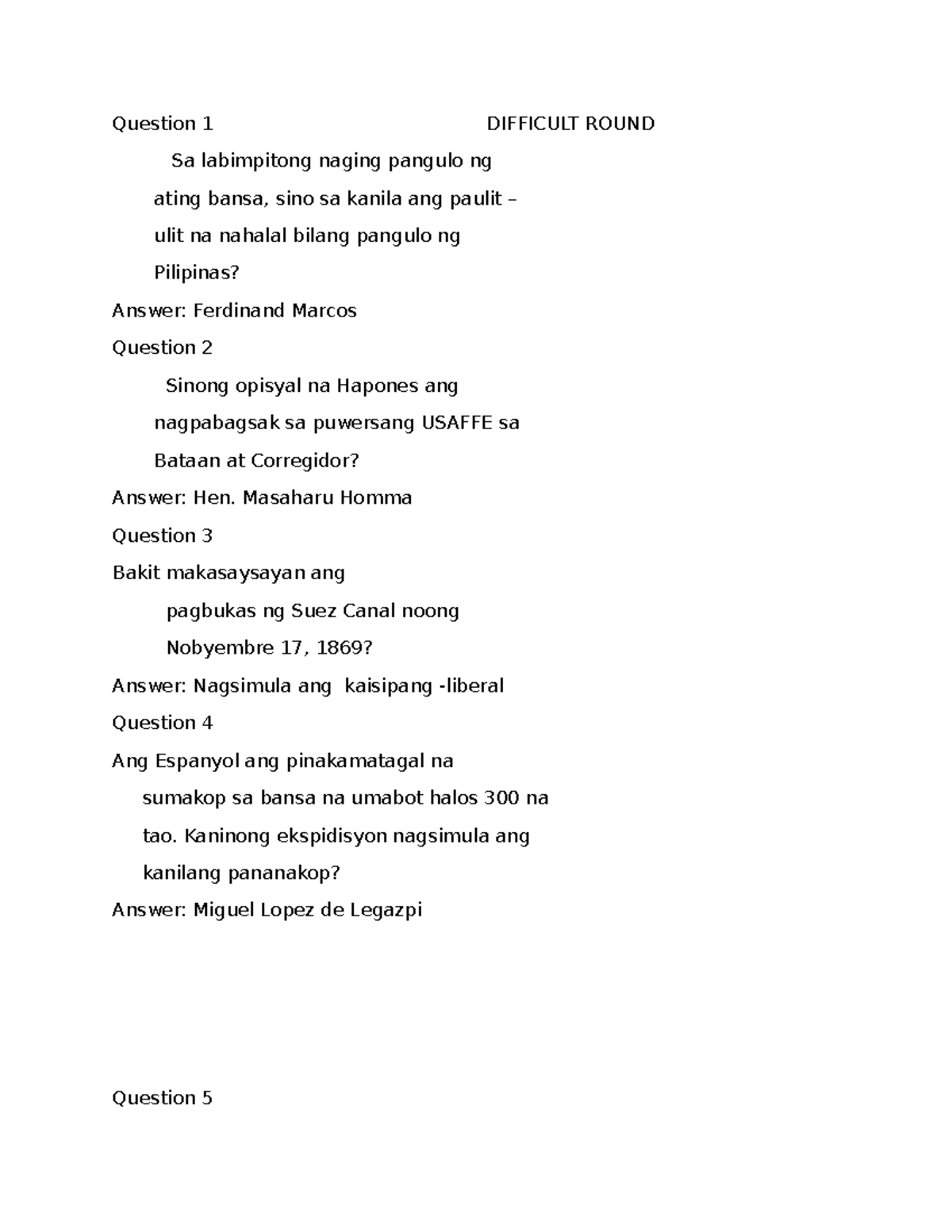 Difficult Quiz on Philippine History and Leaders - Studocu