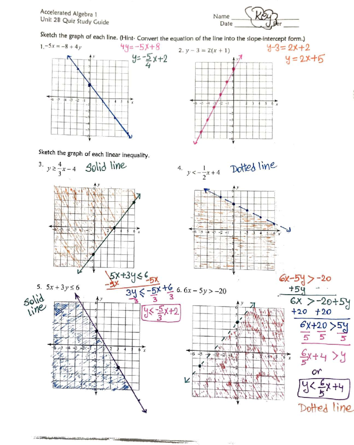 Accelerated Algebra 1 Unit 2B quiz study guide and review key - Studocu