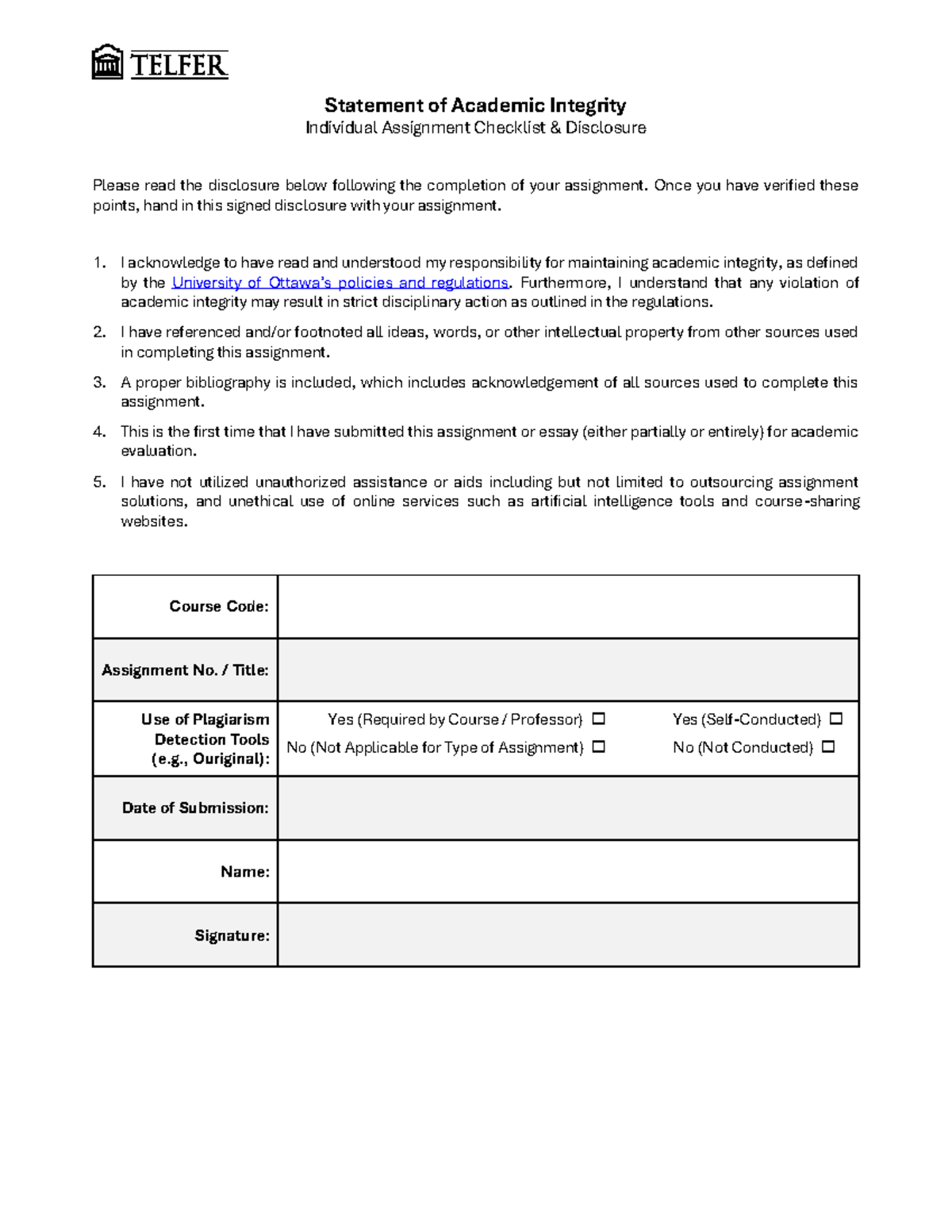 Academic Integrity Statement Checklist for Assignment Submission - Studocu