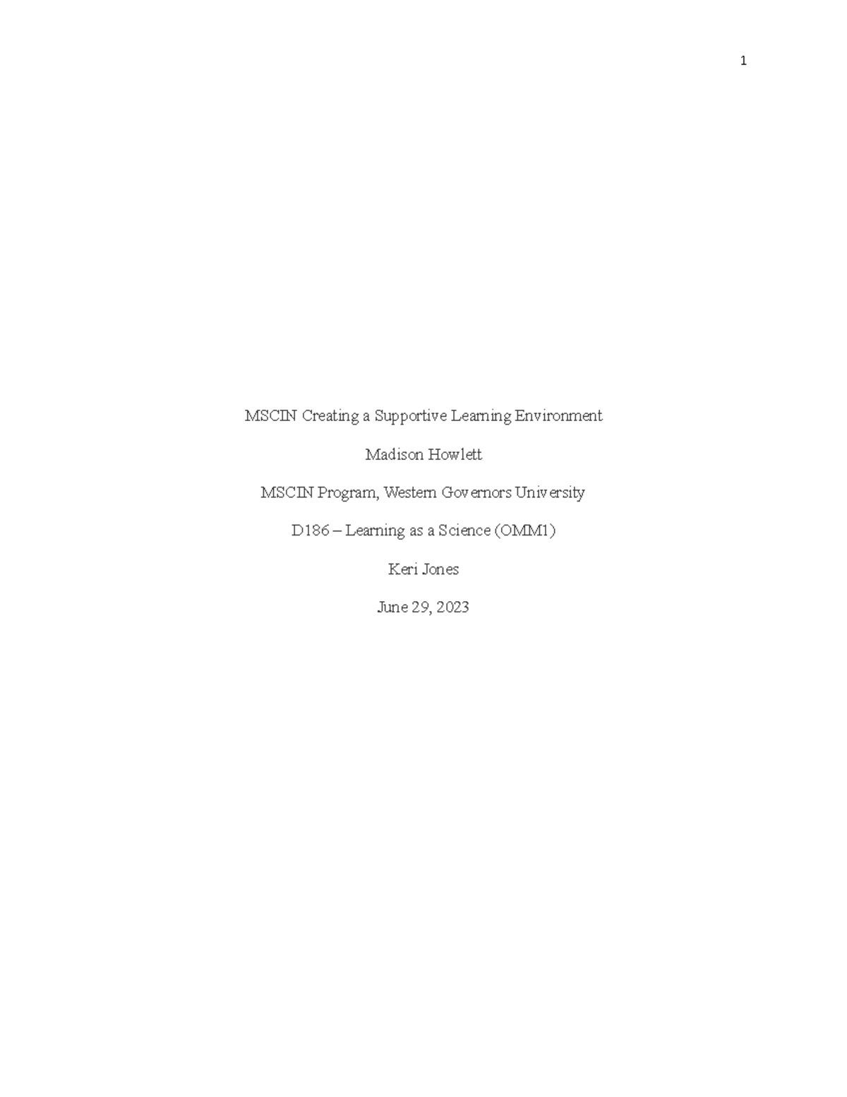OMM1 Task 1 - Creating a Supportive Learning Environment Analysis - Studocu