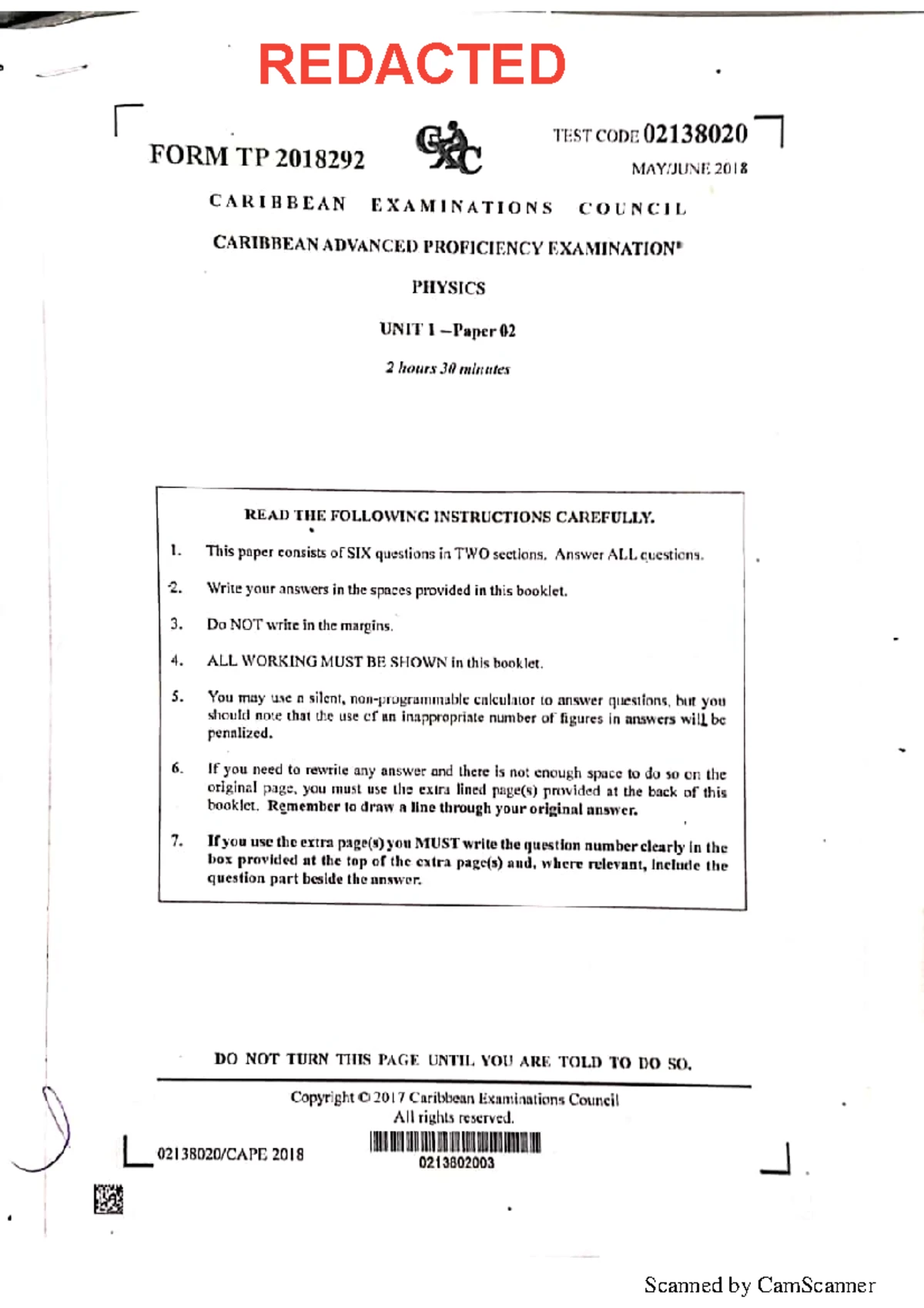 CSEC Physics Past Paper Practice Qs - TEST CODE 01238020 TP 2024107 ...