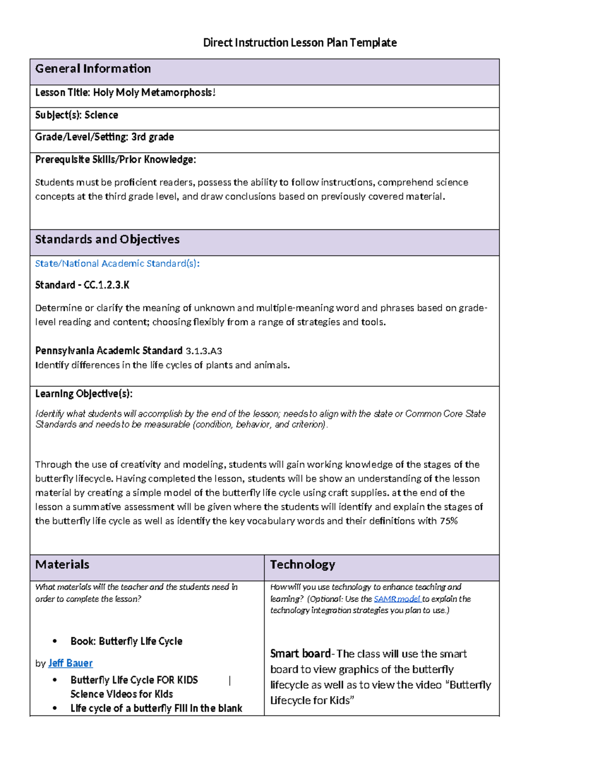 LVM2 TASK 1 Disciplinary Reading Lesson Plan on Butterfly Lifecycle ...