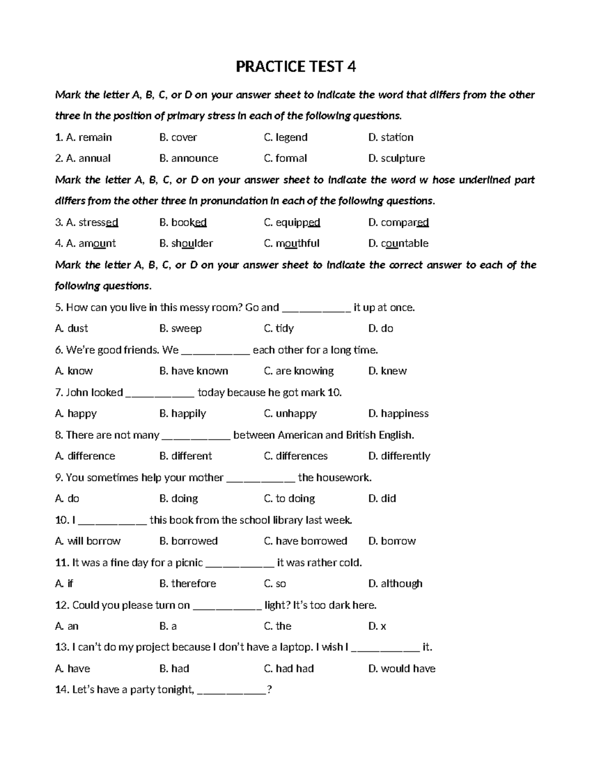 Practice TEST 4 - English Language Mock Examination - Studocu