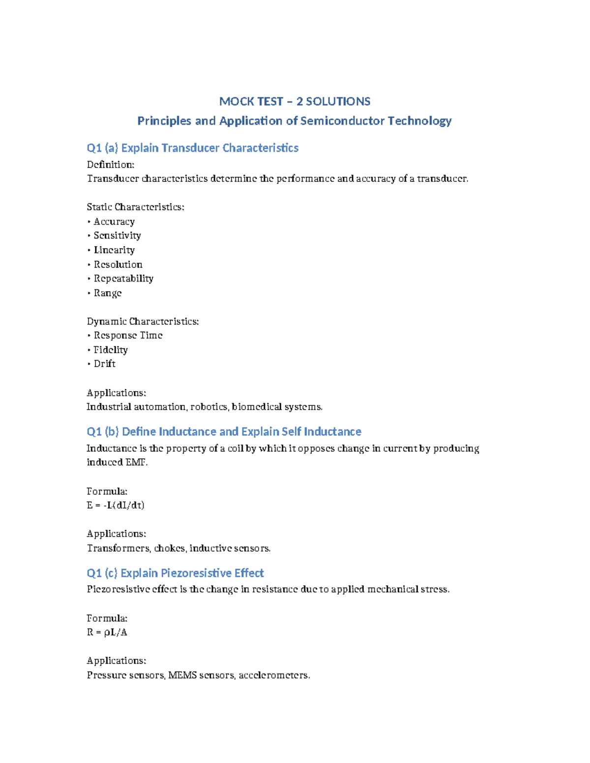 Mock Test 2 Solutions: Semiconductor Tech Principles & Applications ...