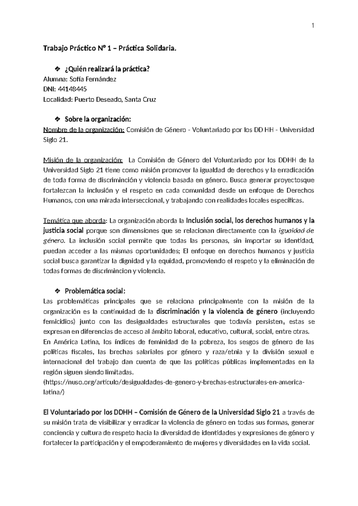 TP1: Práctica Solidaria sobre Igualdad de Género y DDHH - Studocu