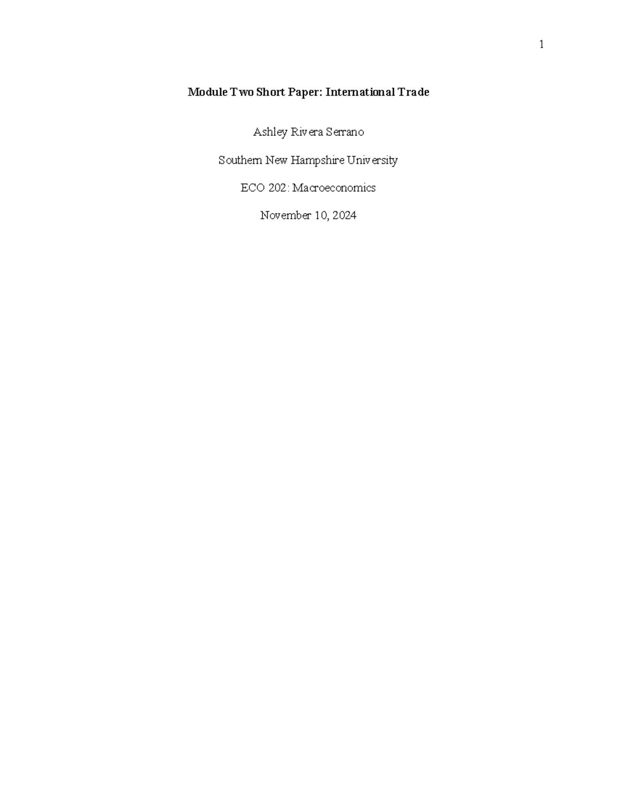 ECO 202 Module Two Short Paper - Module Two Short Paper: International ...