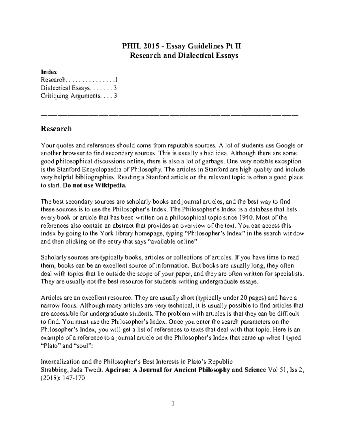 PHIL 2015 Essay Guidelines Pt II: Research & Dialectical Essays - Studocu