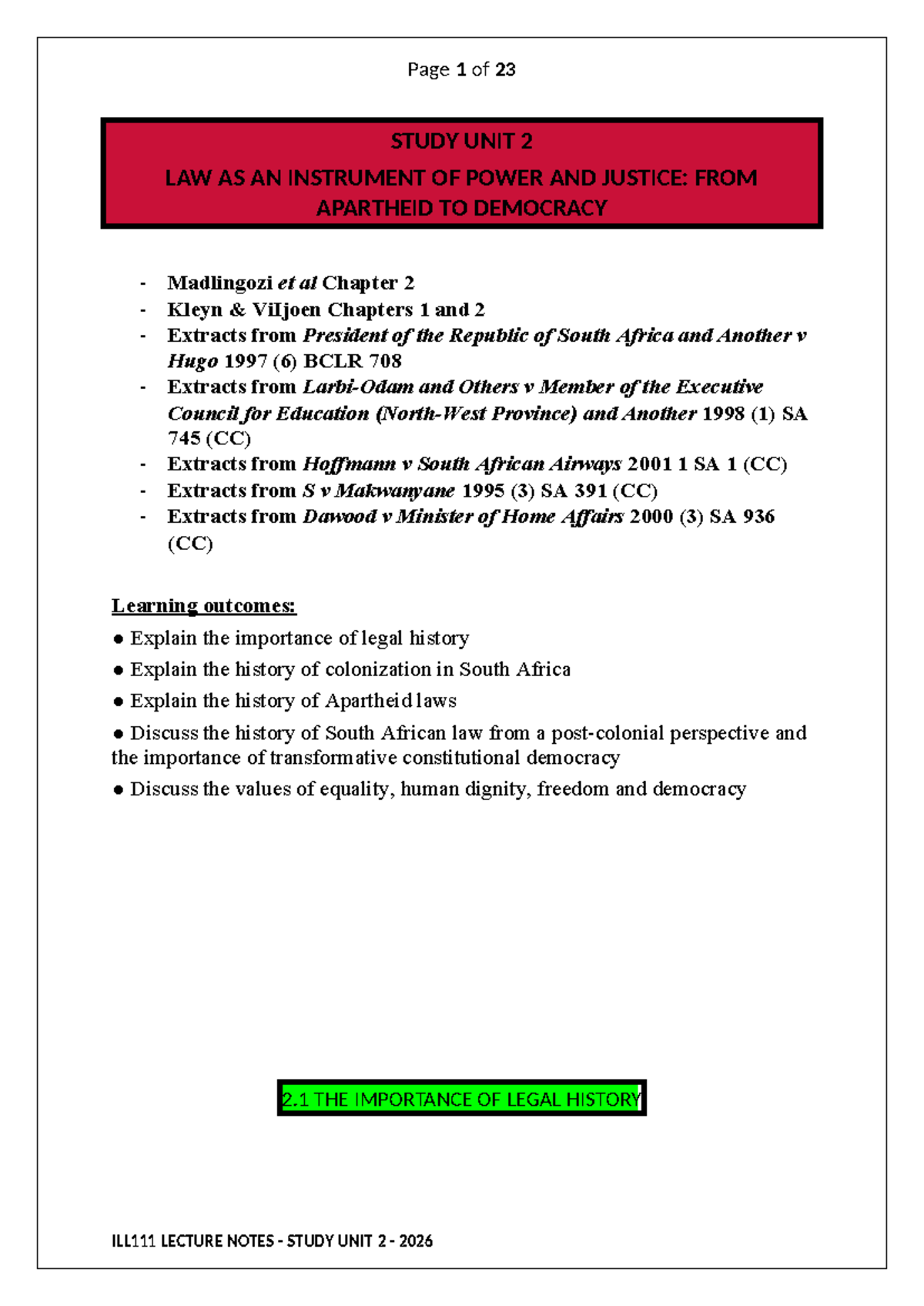 ILL111 Lecture Notes: Law as Power & Justice - Study Unit 2 (2026 ...