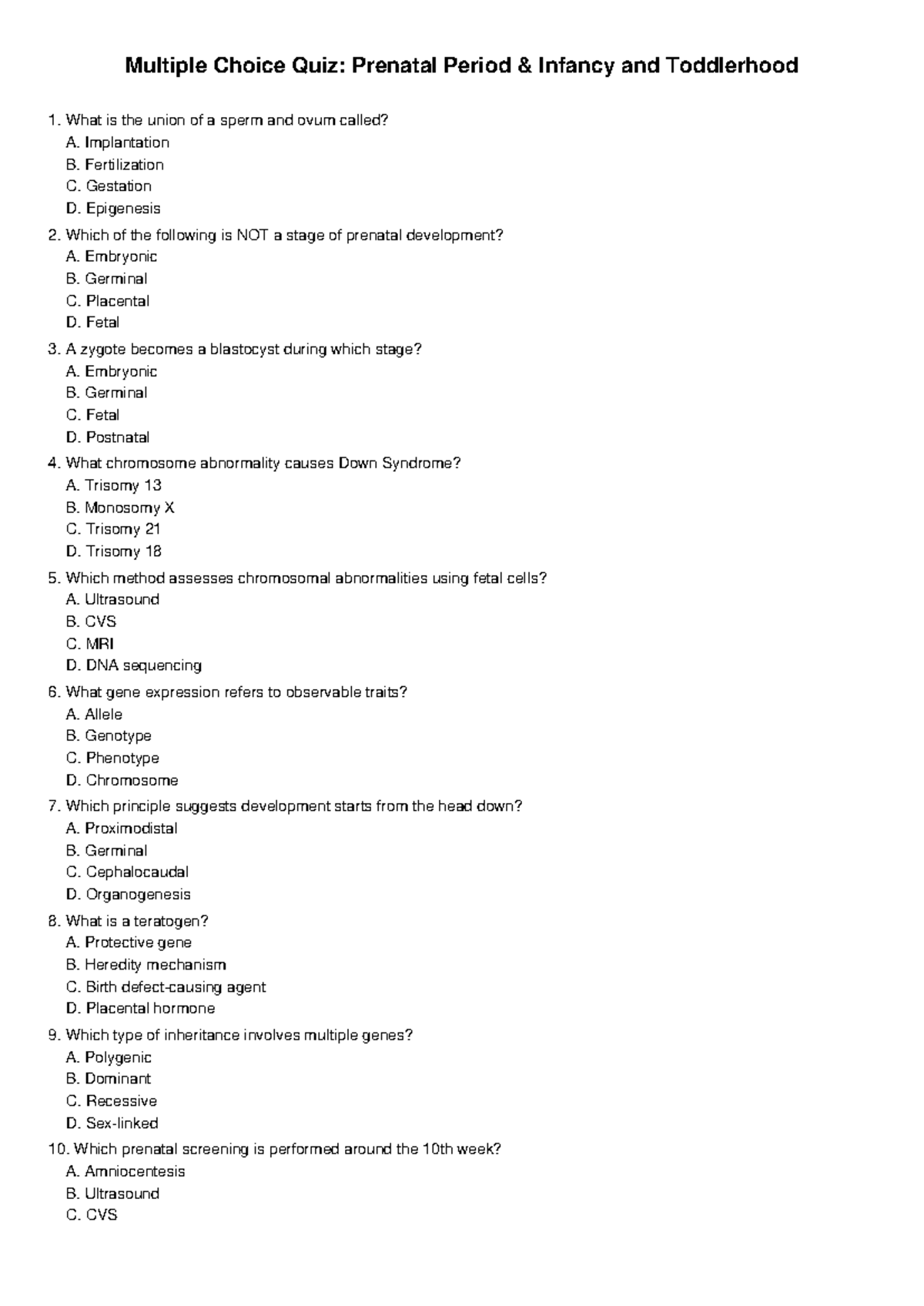 Multiple Choice Quiz: Prenatal, Infancy & Toddlerhood - Studocu