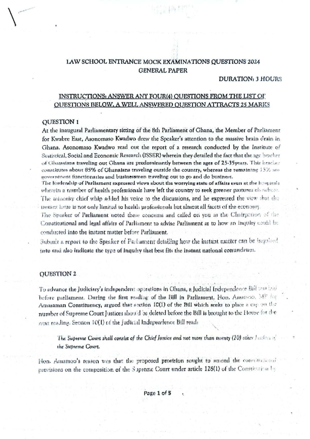 LAW SCHOOL ENTRANCE MOCK EXAM QUESTIONS 2024: GENERAL PAPER - Studocu