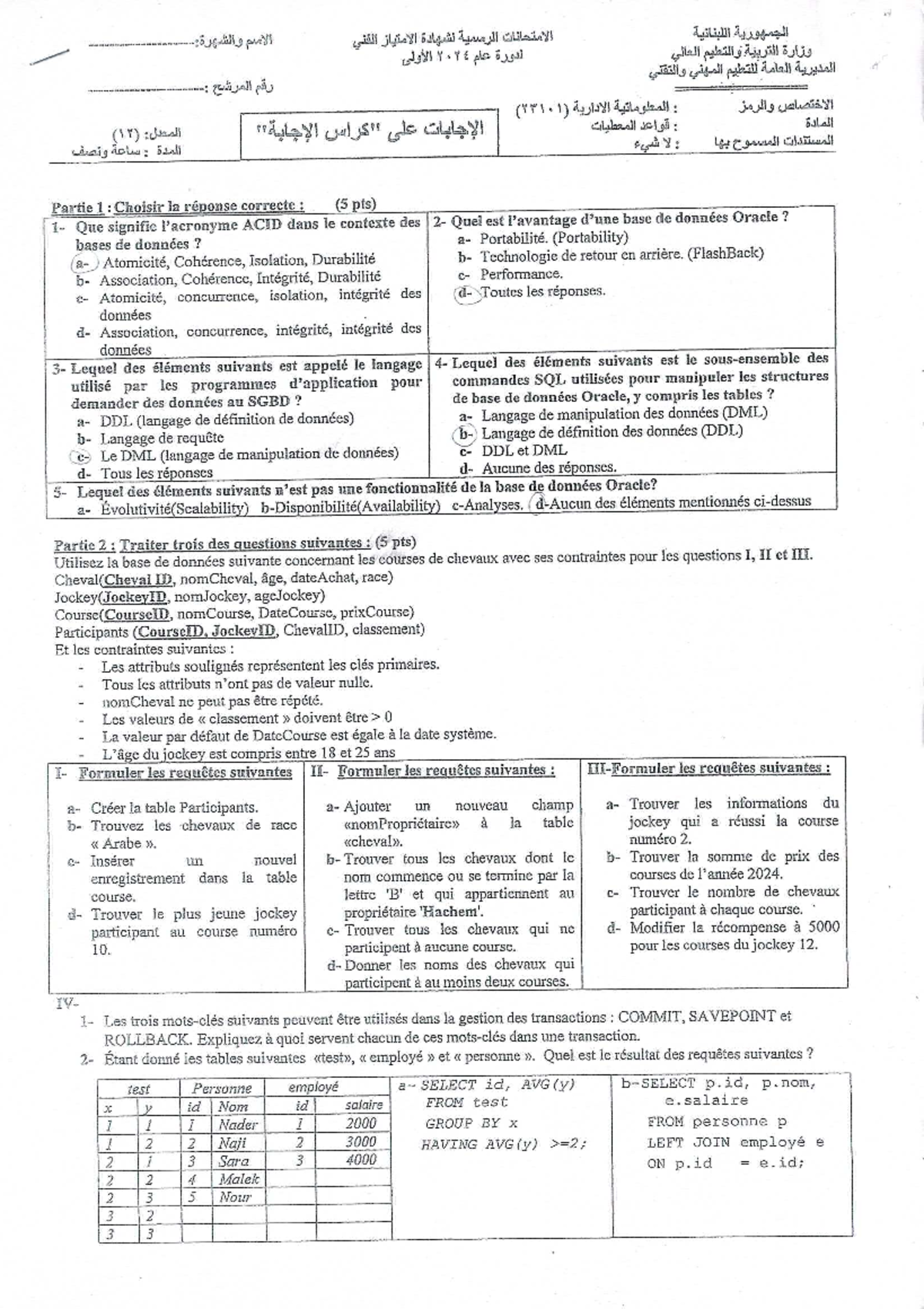 SQL 2024-1: Questions et Réponses sur les Bases de Données Oracle - Studocu