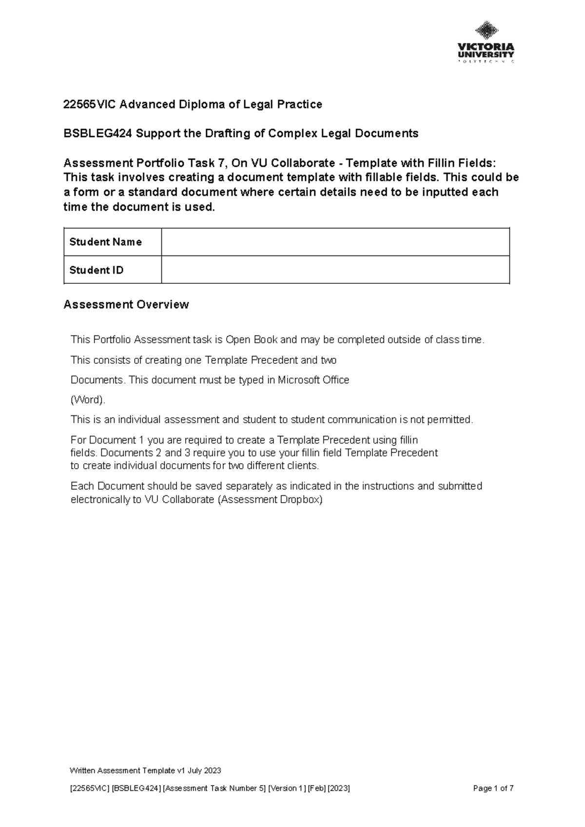 BSBLEG424 Task 7: Creating Fillable Legal Document Templates - Studocu
