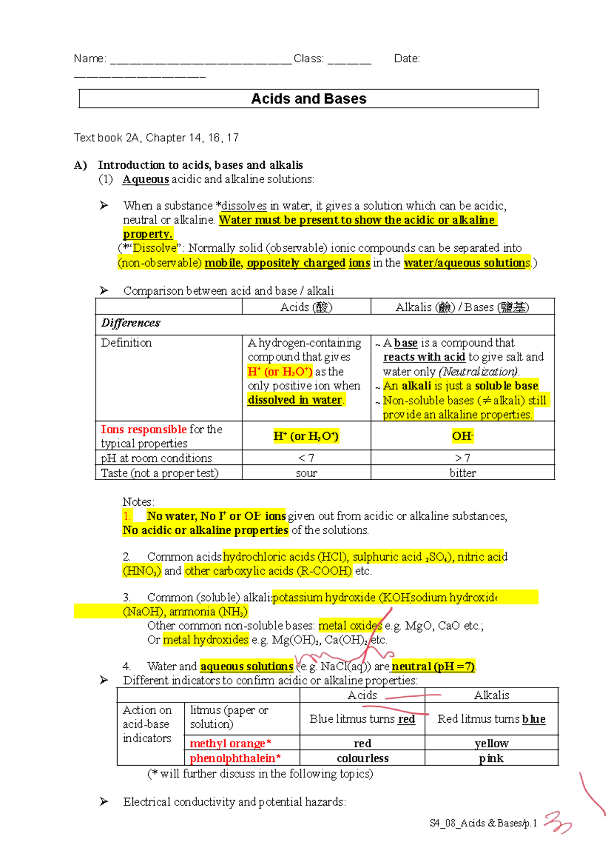(CWC2425) S4 Ch14, 16, 17 Acids & Bases - S4_08_Acids & Bases/p. 1 Name ...