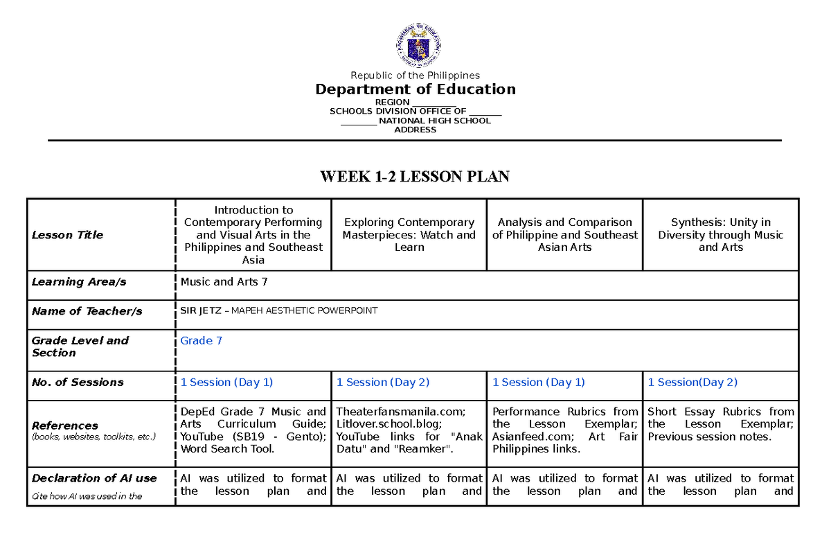 DLL MA WEEK 1-2: Introduction to Contemporary Arts in SEA for Grade 7 ...